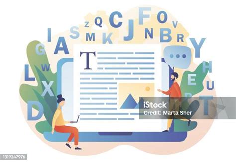 노트북에 텍스트를 입력 하는 작은 창조적 인 사람들 전문 작가 저자 레드 배우 저널리스트 카피 라이터 콘텐츠 관리자 블로거 현대 플랫 만화 스타일 흰색 배경의 벡터 그림