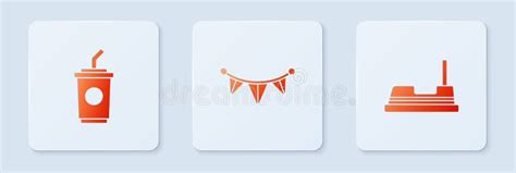 Set Carnival Garland With Flags Paper Glass Water And Bumper Car White Square Button Stock