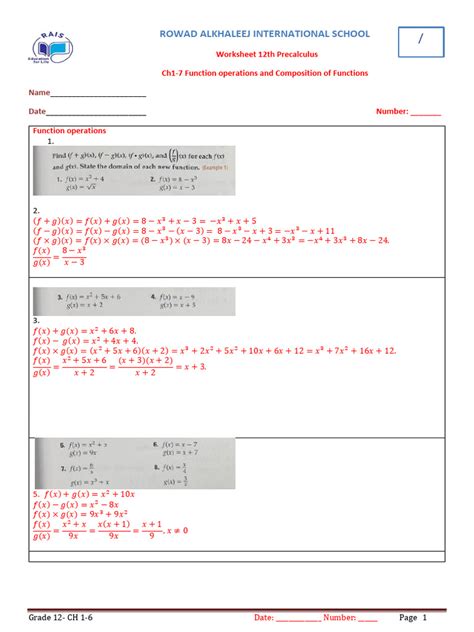 Worksheet 12th Precalculus Ch1 7 Function Operations And Composition Of Functions Rais 23 24