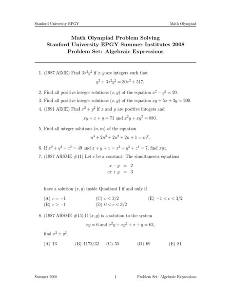 Math Olympiad Problem Solving Stanford University Epgy Summer