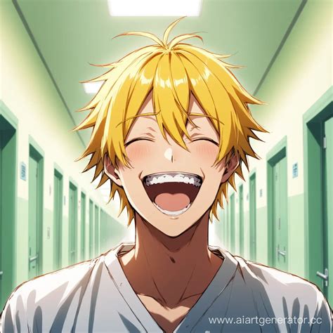 Joyful Anime Character With Bright Yellow Hair In A Psychiatric