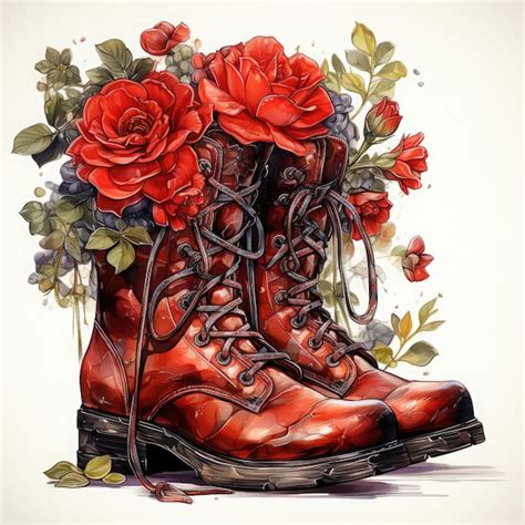 Premium Photo Watercolor Red Cowboy Boot With Red Roses White