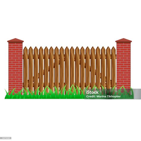 Pagar Dengan Pilar Bata Dan Gerbang Kayu Ilustrasi Stok Unduh Gambar Sekarang Area Rumput