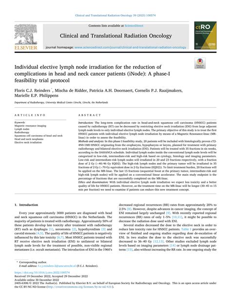 Pdf Individual Elective Lymph Node Irradiation For The Reduction Of Complications In Head And