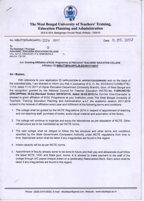 Affiliation Certificate Of B Ed Pakuahat Teachers Education College