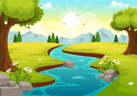 Illustration De Paysage De Rivière Avec Vue Sur Les Montagnes Et La Forêt Entourant Les Rivières