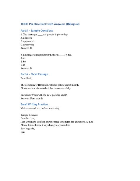 Toeic Practice Pack With Answers Sample Questions And Email Writing