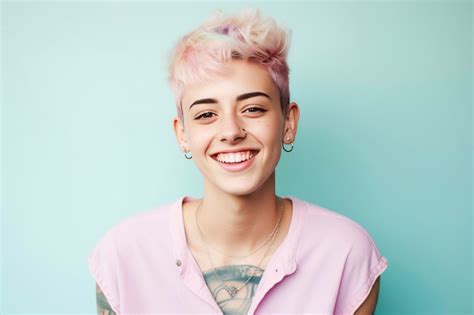 Premium Photo Non Binary Person With Short Pastel Color Haircut On A