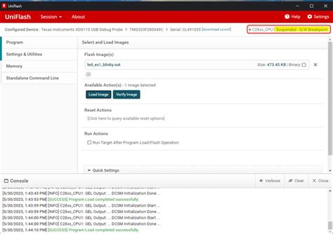 uniflash run target after program load ineffective cpu status