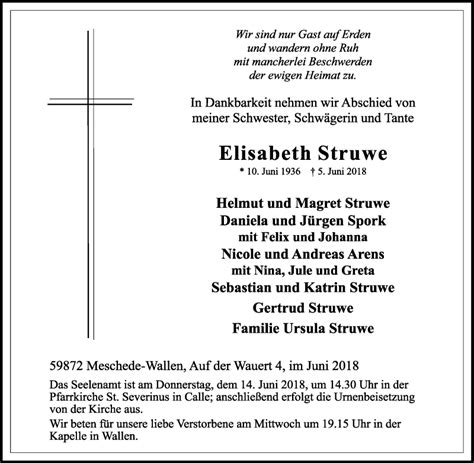 Traueranzeigen Von Elisabeth Struwe Trauer In Nrwde