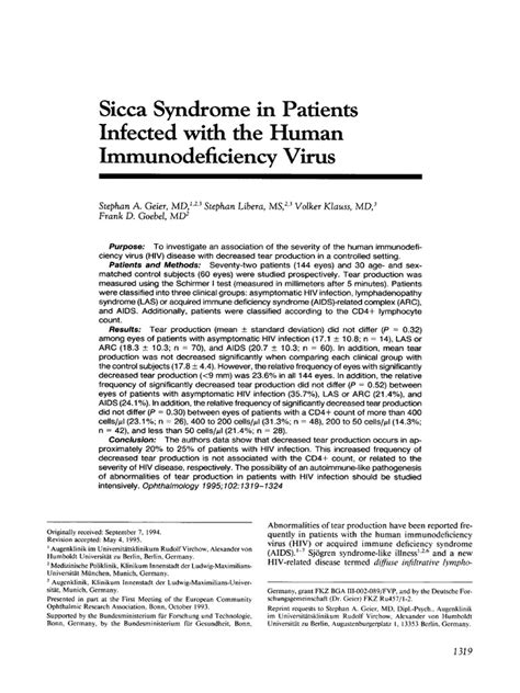 Sicca Syndrome In Patients Hiv Pdf Hivaids Immunodeficiency
