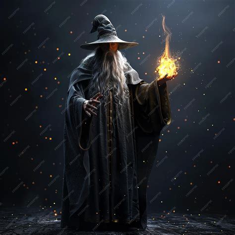 A Powerful Wizard In A Dark Robe Holding A Ball Of Fire Premium Ai