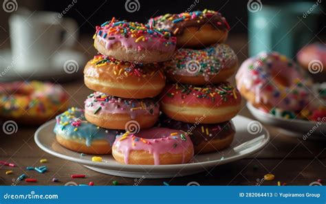 Multi Colored Donut Stack On Wood Plate A Sweet Indulgence Temptation Generated By Ai Stock