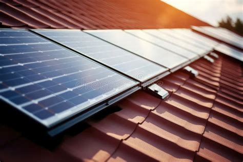 Green Power Solar Panels Harnessing Energy On A Sunny Rooftop Stock