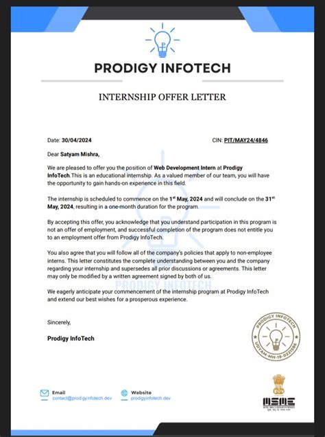 Satyam Mishra On Linkedin Excited To Share That I Received A Internship Offer Letter From Prodigy