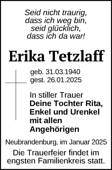 Traueranzeigen Von Erika Tetzlaff Trauer Nordkurier