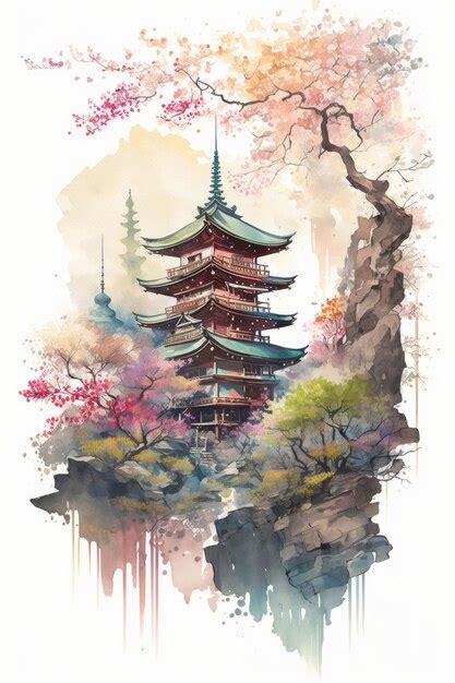 Asian Classical Pavilion Painting Premium Ai Generated Image