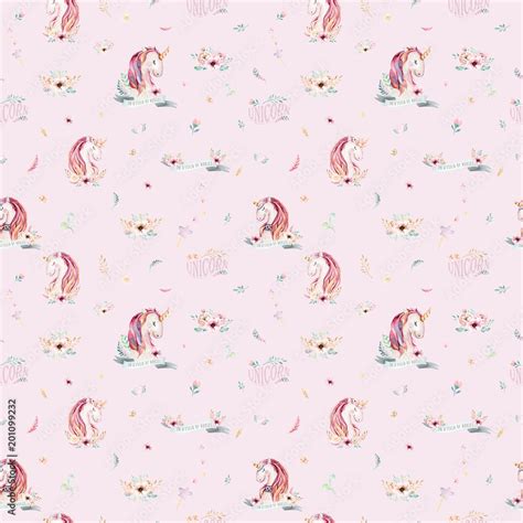 Cute Watercolor Unicorn Seamless Pattern With Flowers Nursery Magic
