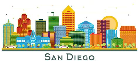 San Diego California City Skyline With Color Buildings Isolated On