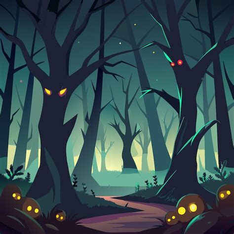 A Dark And Ominous Forest With Glowing Eyes In The Trees And A Winding
