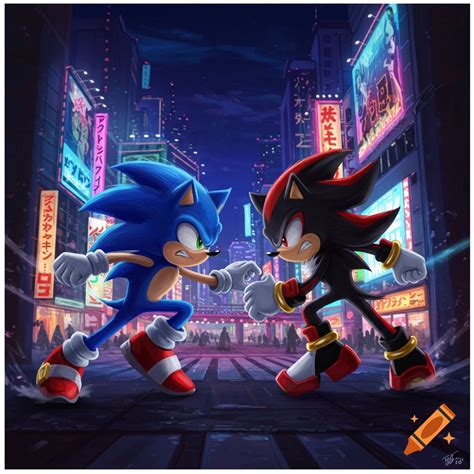 Sonic And Shadow Run Fast Through A Neon Lit City Street At Night On Craiyon