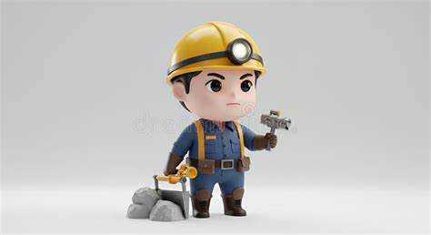 3d Rendered Chibi Korean Miner With Pickaxe And Lamp Isolated On White Background Stock