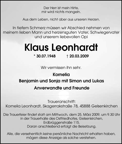 Traueranzeigen Von Klaus Leonhardt Trauer In Nrw De