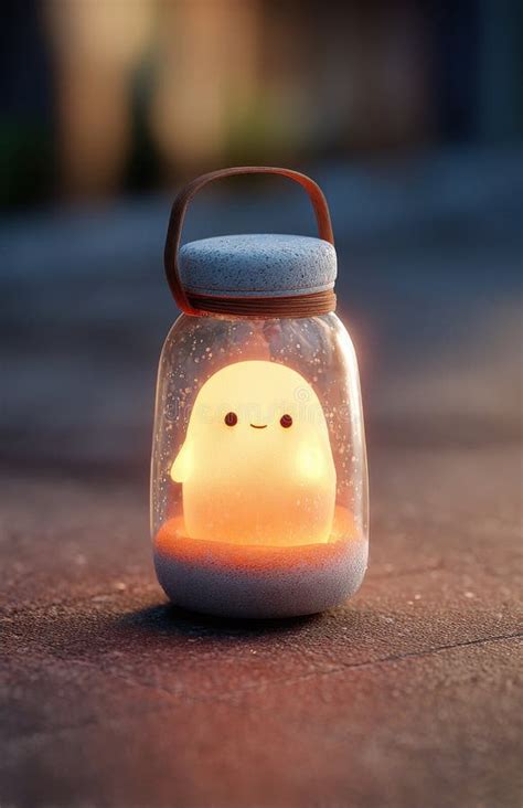 Glowing Cute Ghost Character In Glass Jar Lantern Stock Image Image