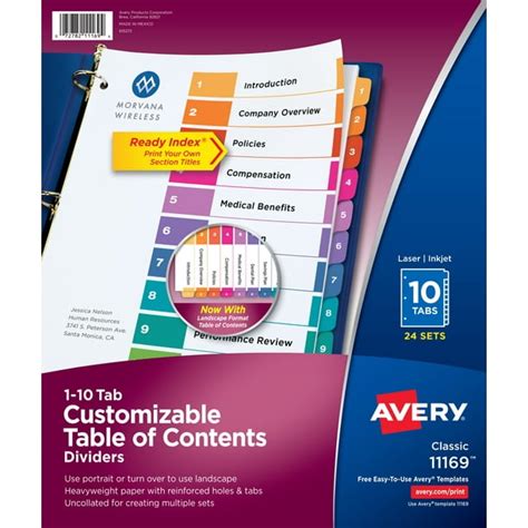 Avery Ready Index 10 Tab Dividers Customizable Toc 24 Sets 11169 Walmart Business Supplies