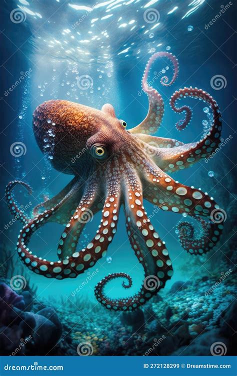Close Up Of Octopus Swimming Underwater Created Using Generative Ai