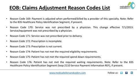 Ppt Eob Claims Adjustment Reason Codes List Powerpoint Presentation