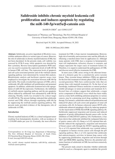 Pdf Salidroside Inhibits Chronic Myeloid Leukemia Cell Proliferation And Induces Apoptosis By