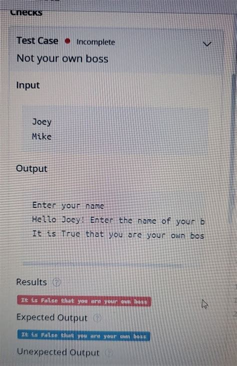 solved checks test case incomplete v not your own boss