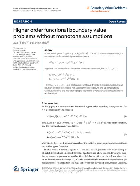 Pdf Higher Order Functional Boundary Value Problems Without Monotone Assumptions