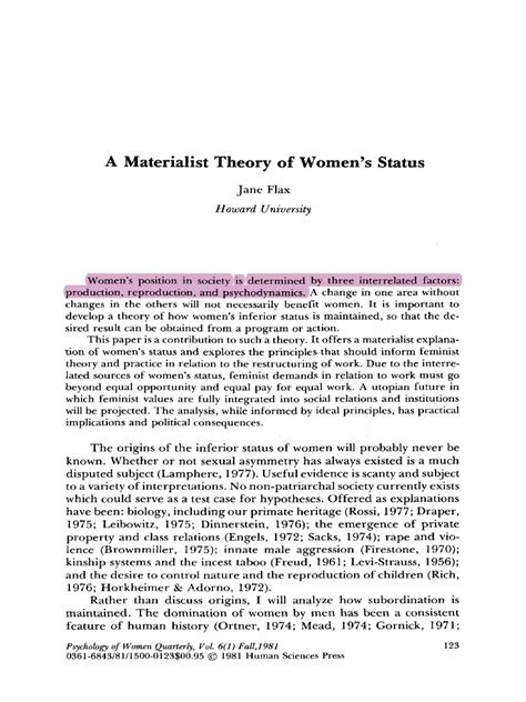 Flax J 1981 A Materialist Theory Of Womens Status Psychology Of