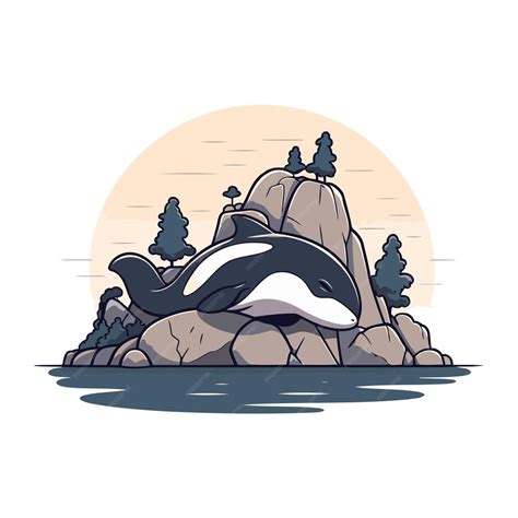 Cute Cartoon Killerwal Auf Dem Felsen Im Meer Vektor Illustration Premium Vektor