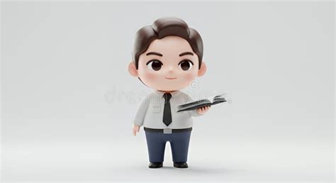 Smiling 3d Render Of A Cute Chibi Male Bookkeeper Holding Ledger