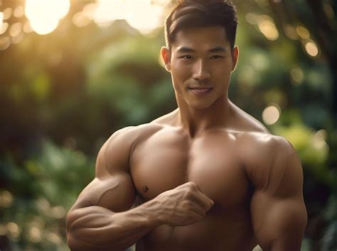 Muscle Asian Man Shirtless And Flexing His Biceps Looking At Camera In The Forest At Dawn
