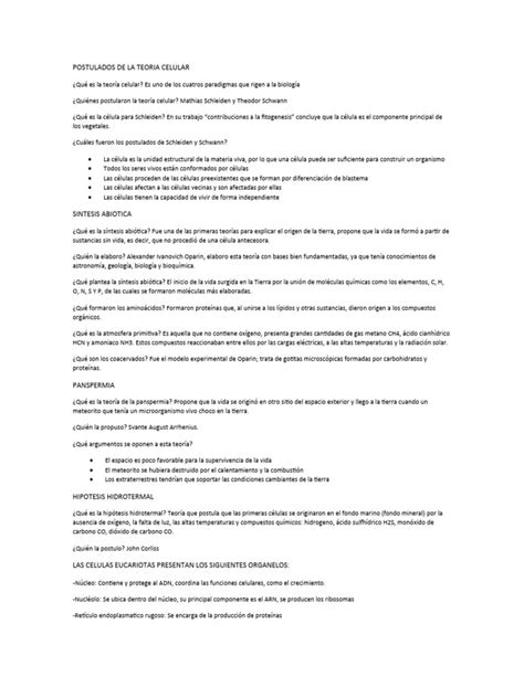 Postulados De La Teoría Celular Y Orígenes De La Vida Pdf Biología