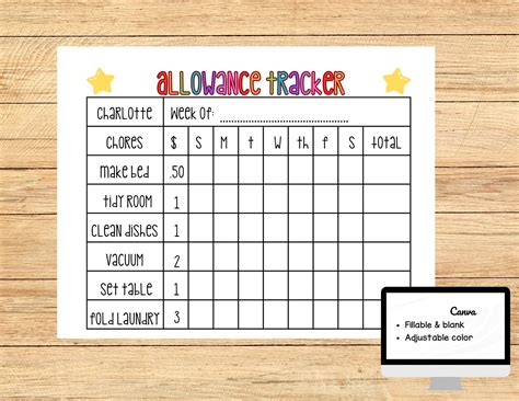Allowance Chart Template Etsy