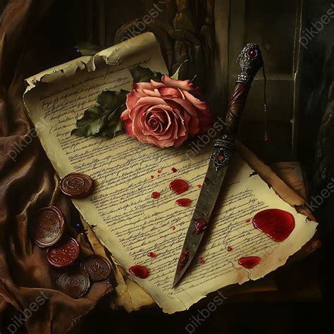 A Dramatic Still Life Featuring An Antique Letter Stained With Blood
