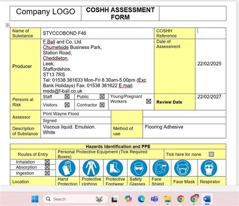 Coshh Assessment Template Downloadable And Compliant With Uk Regulations Editable Completed