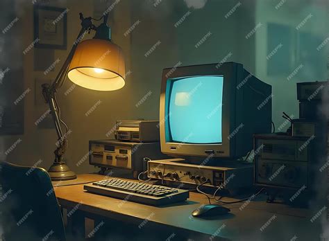 Classic Retro Computer On Desk With Old School Gears Premium Ai