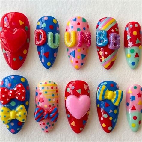 Rainbow Cute Press On Nails 3d Bow And Heart Nail Art Colorful Kawaii