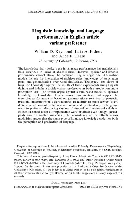 Pdf Linguistic Knowledge And Language Performance In English Article Variant Preference