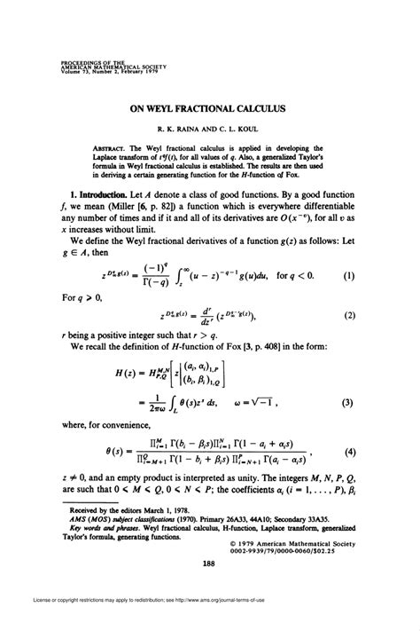 Pdf On Weyl Fractional Calculus