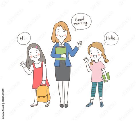Draw Vector Illustration Character Happy Girls Holding Book And Teacher