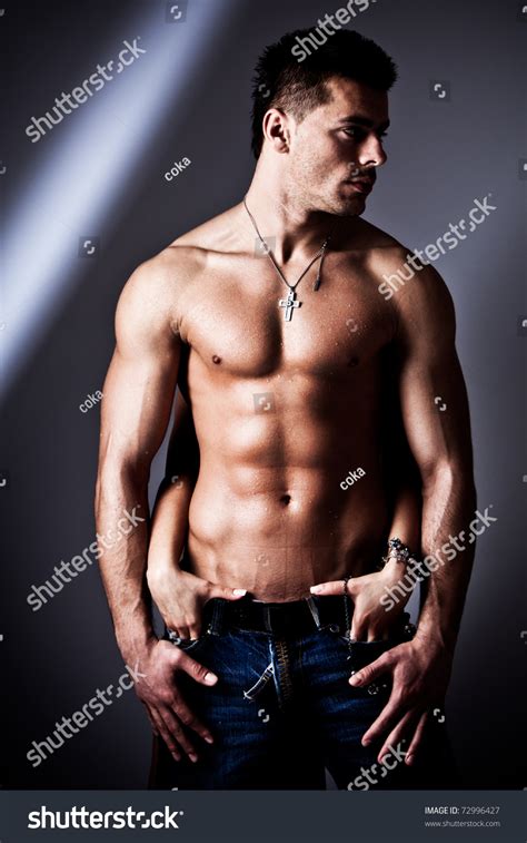 Shirtless Wet Muscular Man Jeans Woman Stock Photo Shutterstock