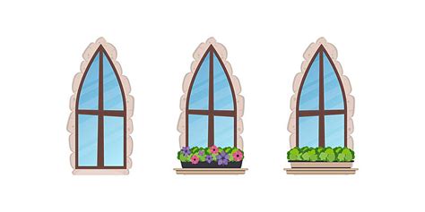Vector Illustration Of Cartoonstyle Old Windows Adorned With Stone