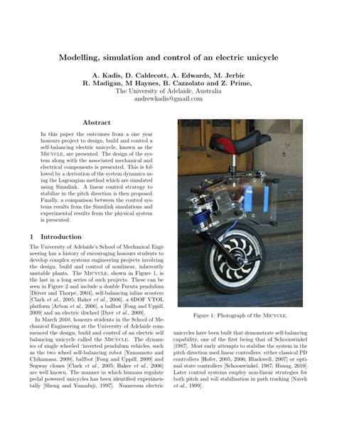 Pdf Modelling Simulation And Control Of An Electric Unicycle